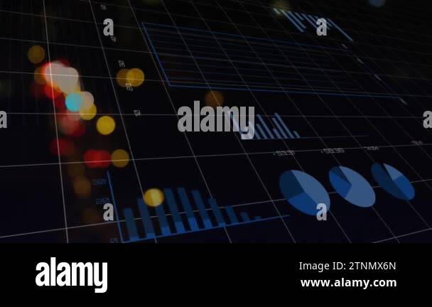 Animation of multiple graphs with changing numbers over blurred vehicles moving on street ...