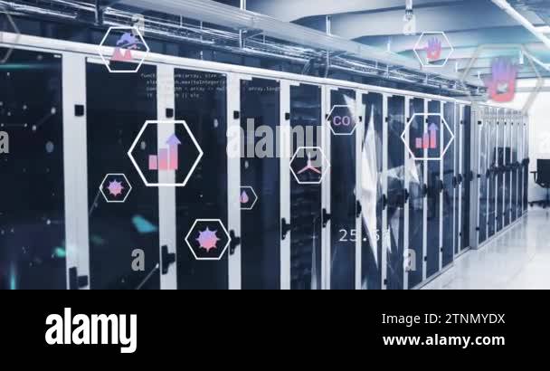 Animation of multiple icons over connected dots on server racks in server room. Digital ...