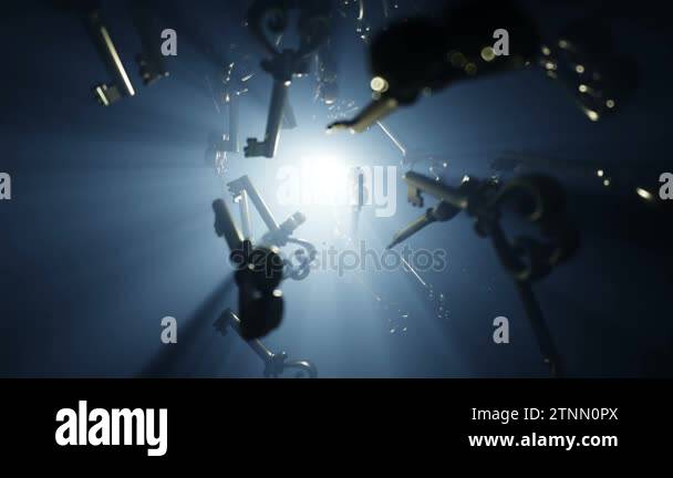 Retro vintage gold keys flying in dark. Volumetriclight, shine. Secret ...