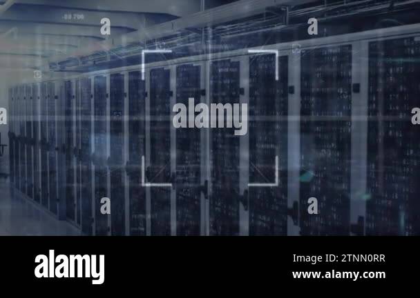 Animation of scope scanning over data processing and mosaic squares against computer server room ...