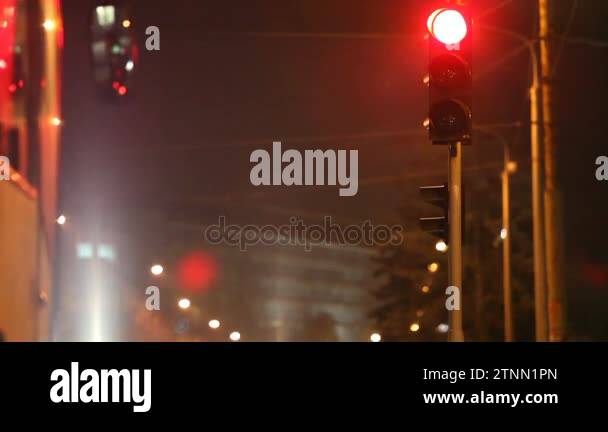 night city, traffic light, bus stops at a traffic light, close up Stock ...