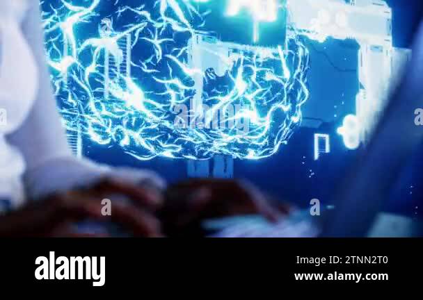 Trained specialist using laptop to maintenance artificial intelligence neural networks made up ...