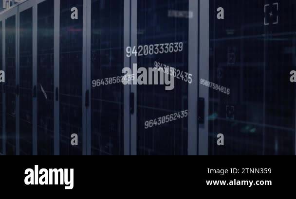 Animation of multiple changing numbers, light spot and data processing against computer server ...