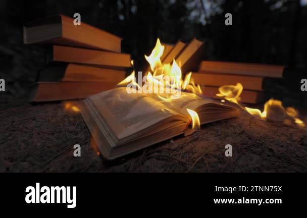An open book is on fire. Big bright flame, burning paper on old ...