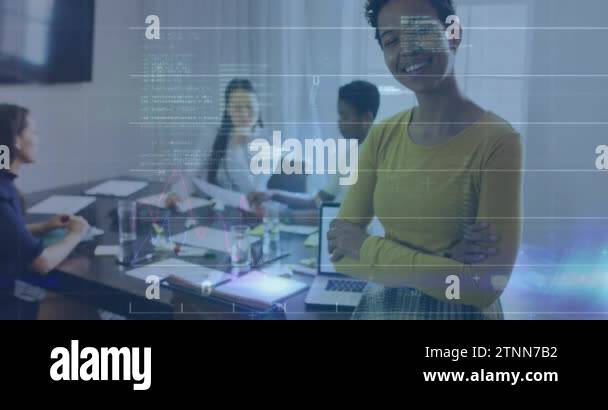 Animation of binary codes, computer language and graphs, biracial woman ...