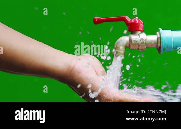 Water usage concept, flowing faucet and hands of a person washing hands ...