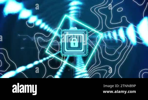 Animation of illuminated padlock in squares with abstract and electric circuit board patterns ...