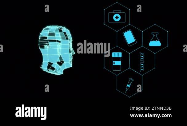 Animation of medical icons and digital head on black background. Global ...