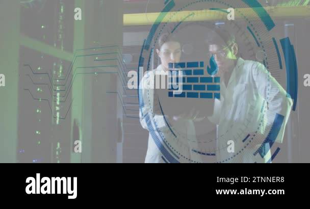 Animation of firewall icon against diverse male and female engineers ...