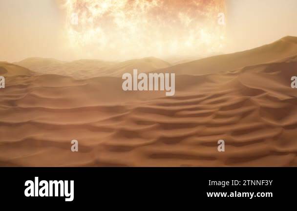 Sun over desert sand dune planet surface with extreme hostile arid heat ...