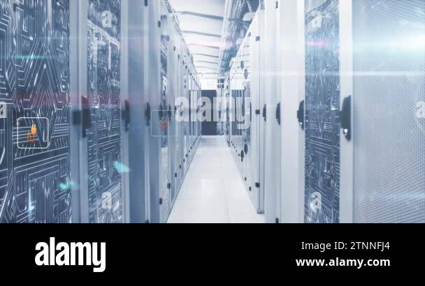 Animation of multiple icons over circuit board pattern on server racks in server room. Digital ...