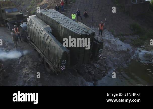 Pontoon bridge of the Ukrainian army. Installation of a temporary ...