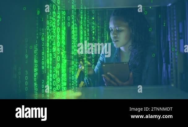 Animation of changing numbers and binary codes, african american woman checking wires in server ...