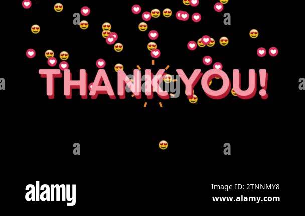Animation of thank you text with heart shapes and emoji with heart eyes ...