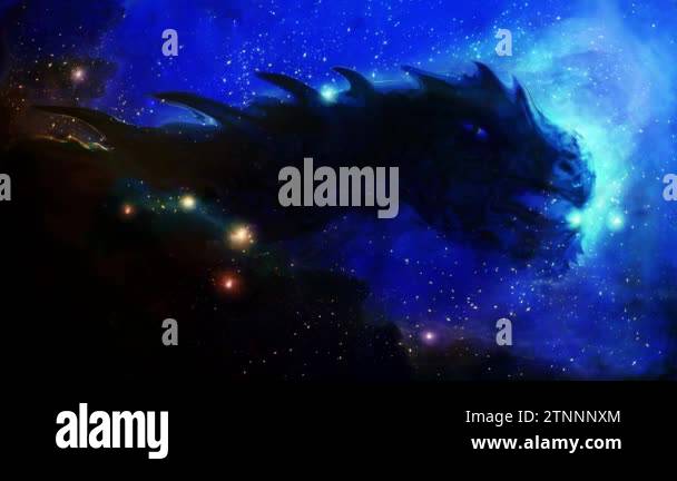 Cosmic dragon in space and stars, blue cosmic abstract background. Loop ...