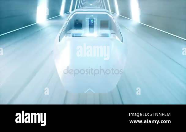 futuristic flying bus with peoples fast driving in sci fi tunnel ...