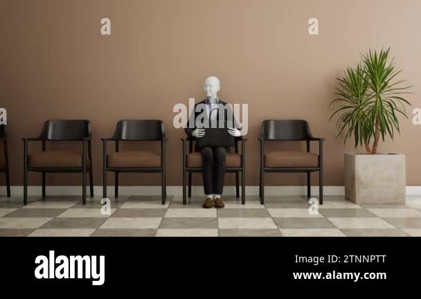 Futuristic female android robot sitting on a chair and waiting for a ...