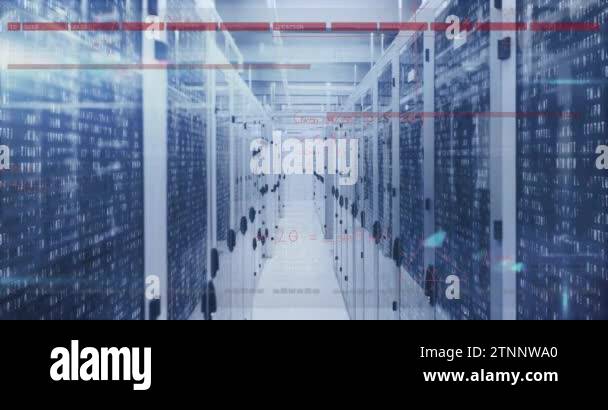 Animation of lines, mathematical equations and diagrams over binary codes on server room ...