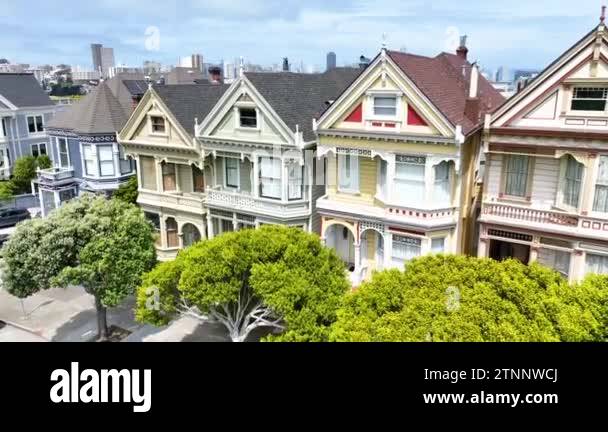 Video of Aerial video close up of famous Painted Ladies houses boom up ...