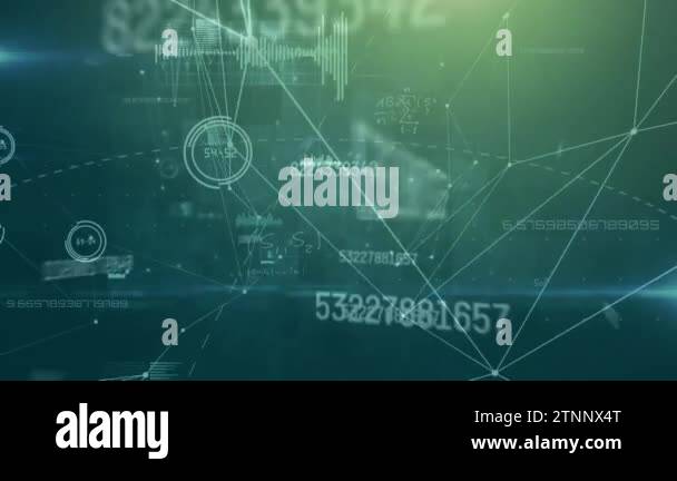Animation of changing numbers over connected dots, graph icons, mathematical equation and ...