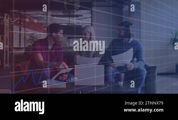 Animation of multiple graph and numbers over diverse colleagues ...