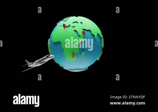airplane jet flying around the world globe. destination marks pop up on ...