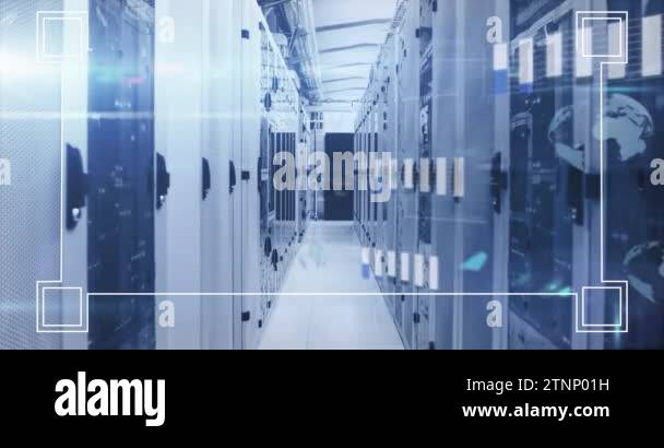 Animation of graphs, globe and computer language over bars on server racks in server room ...