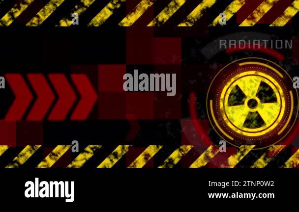 Warning background whith glowing nuclear symbol. Red screen message of ...