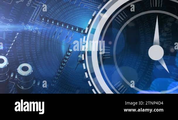 Animation of digital clock over motherboard and binary codes in ...