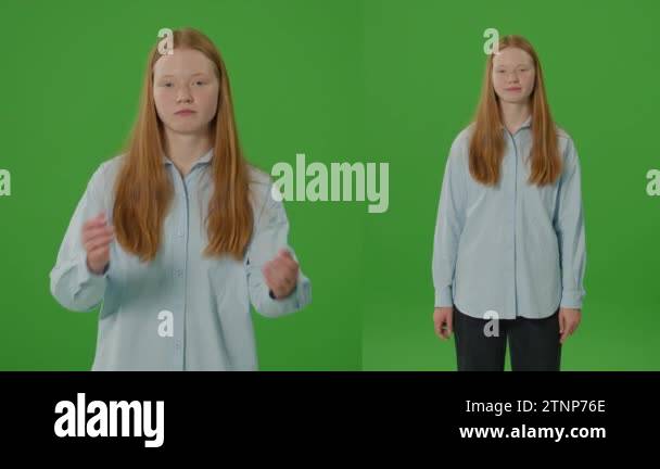 2-in-1 Split Green Screen. Girl Stands Defiantly With Crossed Arms ...