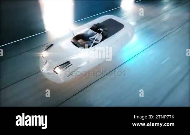 futuristic flying car with woman fast driving in sci fi tunnel, coridor ...