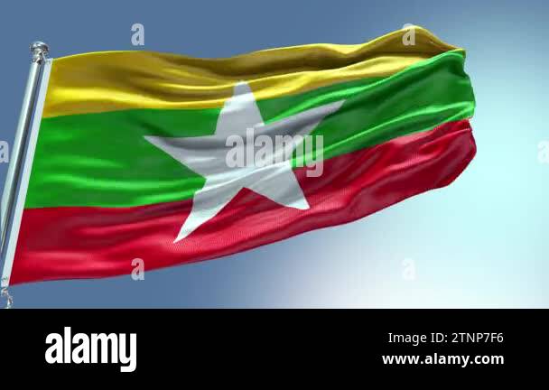 4k render Myanmar Flag video waving in wind. Myanmar Flag Wave Loop ...