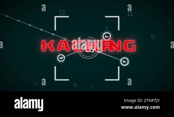 Animation of hacking text with viewfinder and connected graph and person, globe icons. Digitally ...