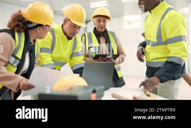 Engineering team, planning and teamwork at construction meeting ...