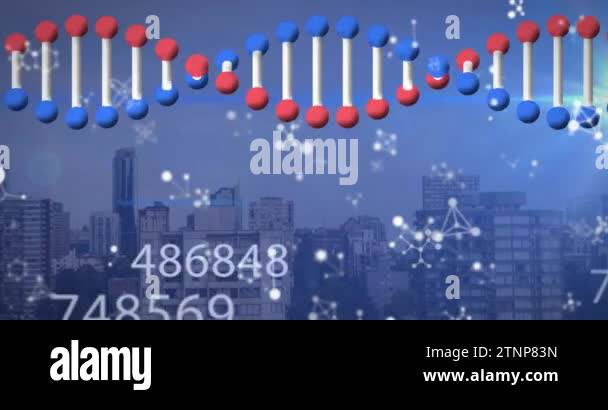 Animation of dna helix rotating with molecular structures and changing numbers over buildings ...