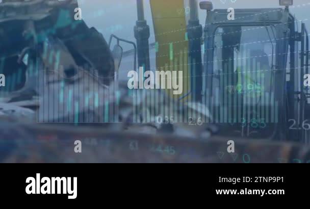 Animation of multiple graphs and trading board, crane grabbing metal ...