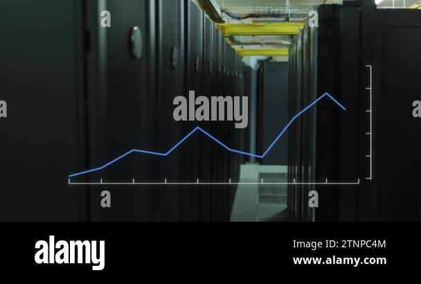 Animation of line graphs representing growth over server room. Digital composite, networking ...