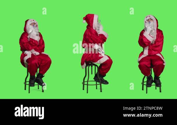 Character in red costume sit on chair, thinking about new ideas over ...