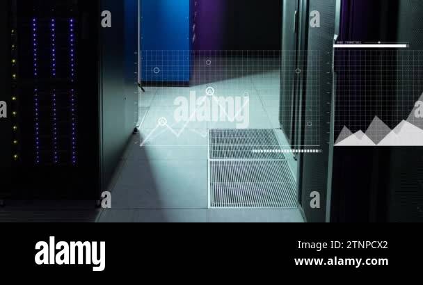 Animation of multiple graphs, map and loading bars over server room in background. Digital ...