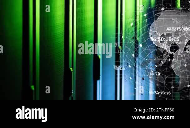 Animation of changing numbers over rotating globe over server room. Digital composite, business ...