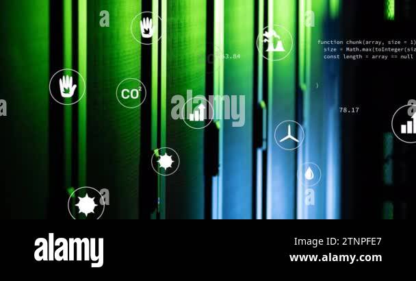 Animation of green technology icons, coding over data server racks ...