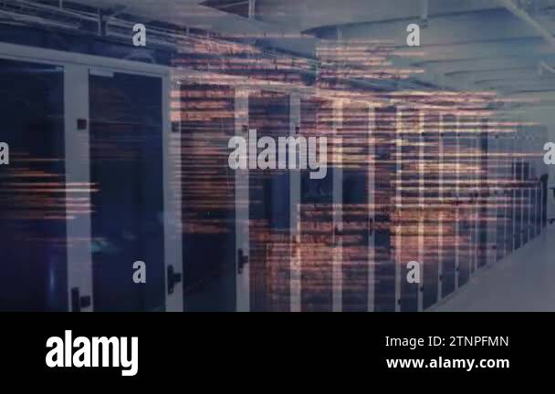 Animation of computer language over mathematical equation and diagrams against server room ...