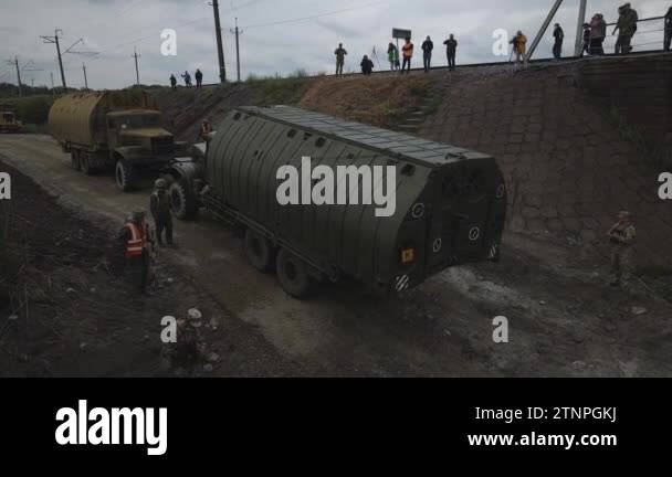 Pontoon bridge of the Ukrainian army. Installation of a temporary ...