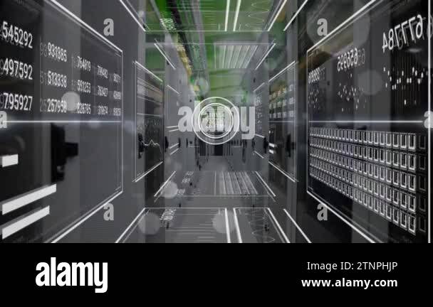 Animation of graphs, loading bars, circles over lens flares against server room in background ...