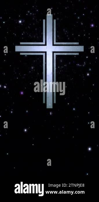 Futuristic Christian cross in ethereal vertical silver black cyberspace ...