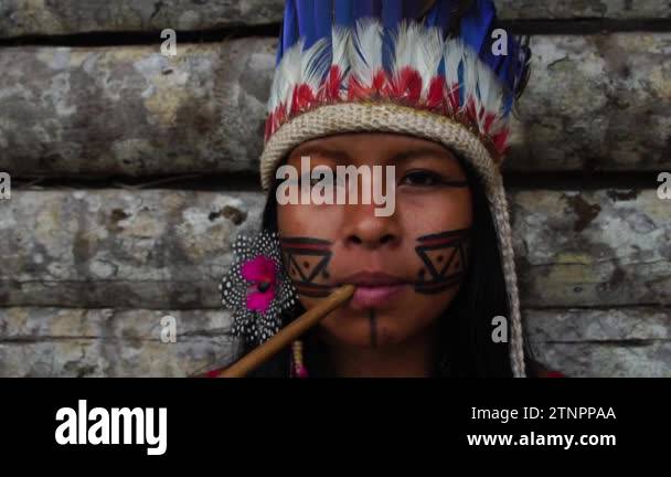 Indigenous Woman Smoking Pipes in a Tupi Guarani Tribe, Brazil Stock ...