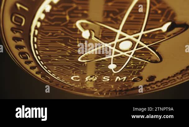 Cosmos ATOM cryptocurrency golden coin turning. camera rotates around ...