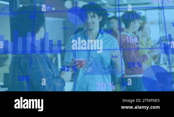 Animation of graphs and changing numbers over diverse coworkers sharing ideas during tea break ...