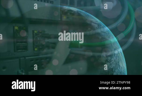 Animation of globe and circles moving over back panel of server racks ...