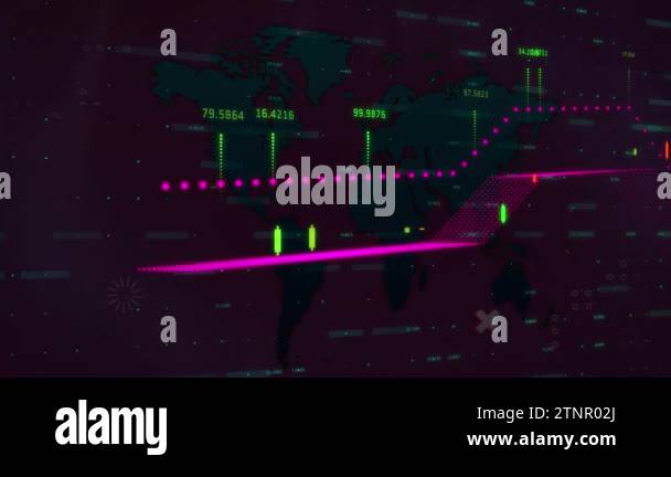 Animation of multiple graphs with changing numbers over map against black background. Digitally ...